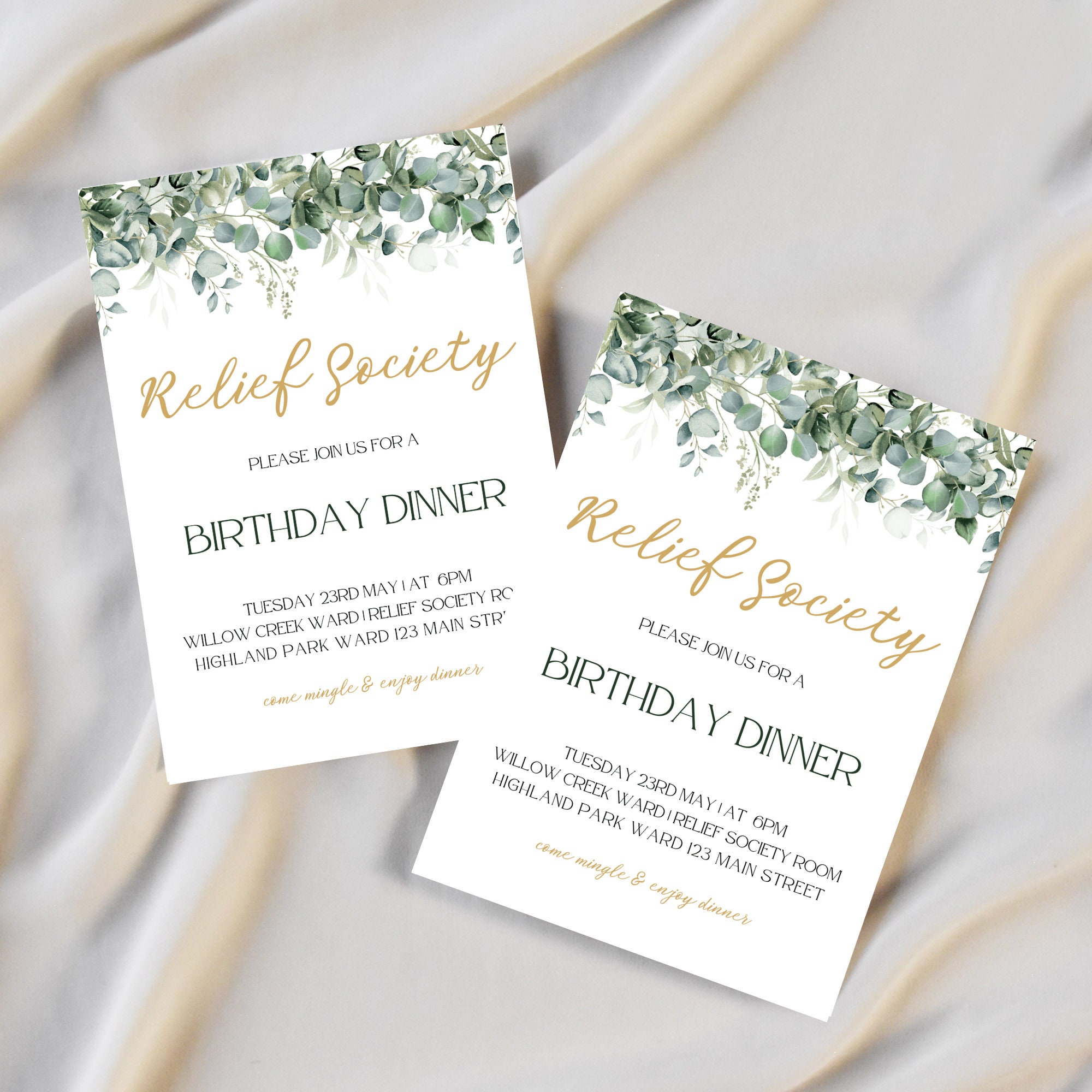 Relief Society Birthday Dinner Invitation Template - Greenery Minimal ...