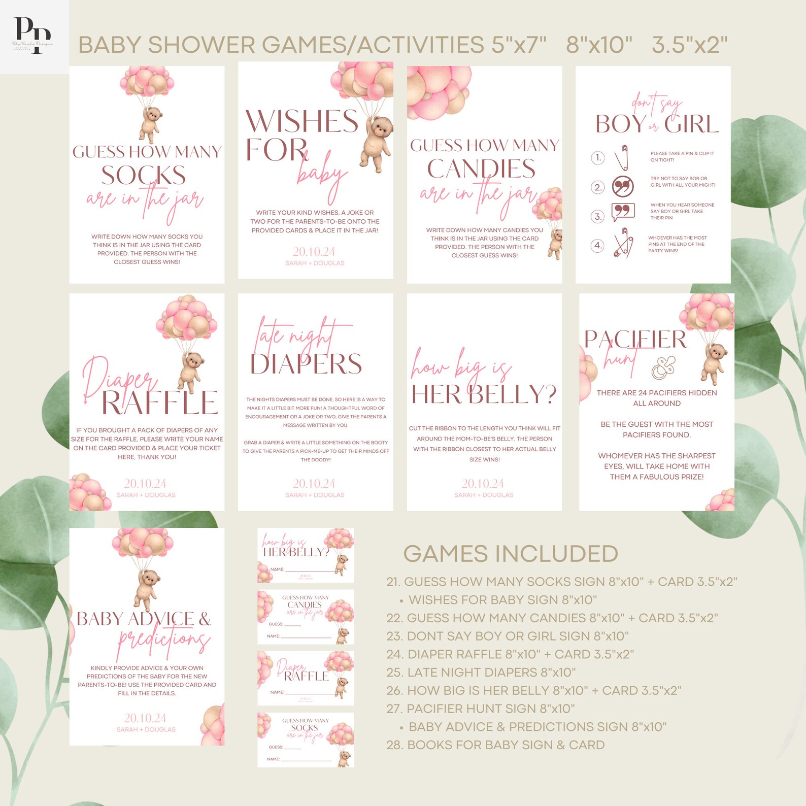 Pink Bear Baby Shower Games Bundle 28 Canva Templates Instant Download ...