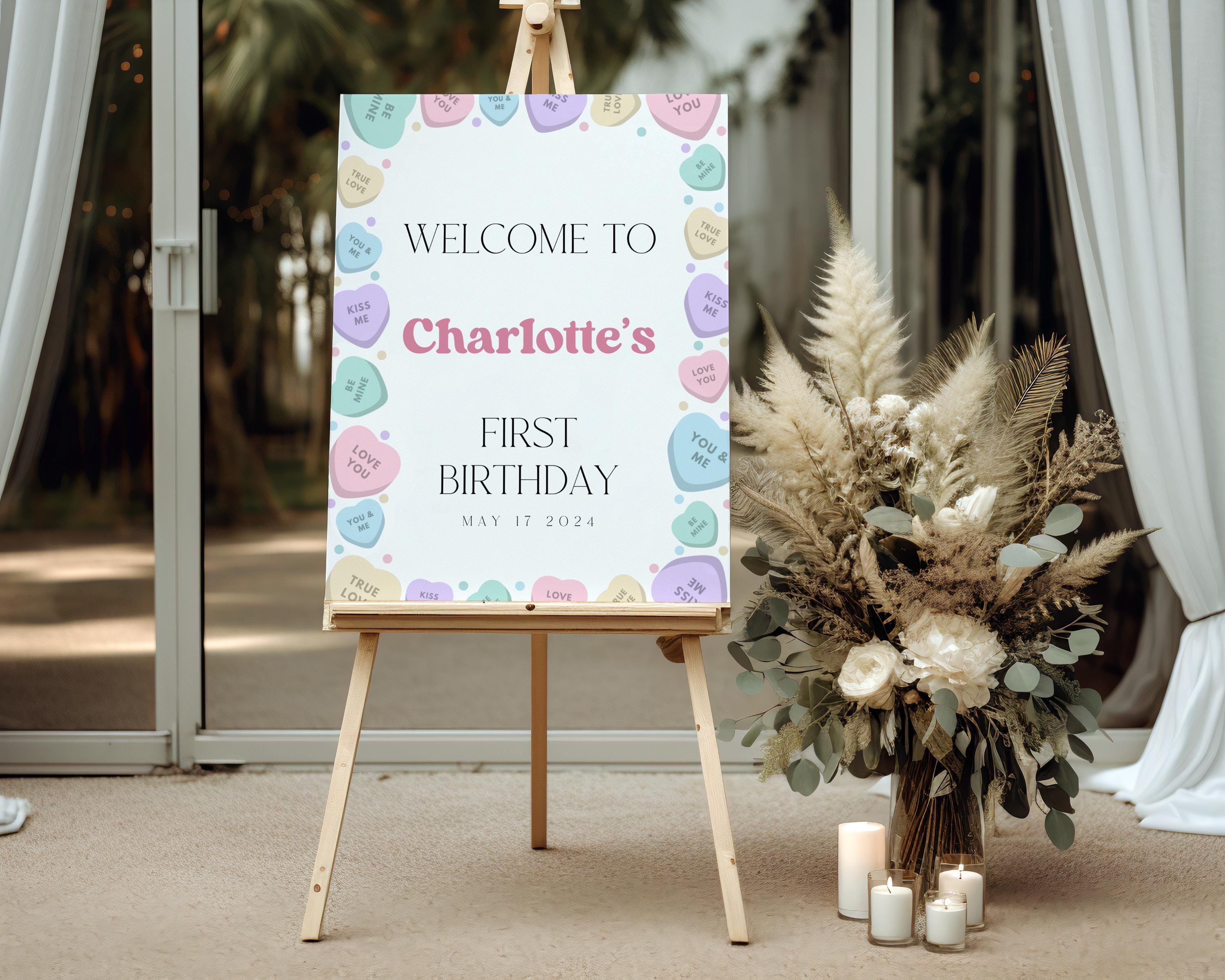 First Birthday Welcome Sign Template - Conversation Hearts, Sweetheart ...