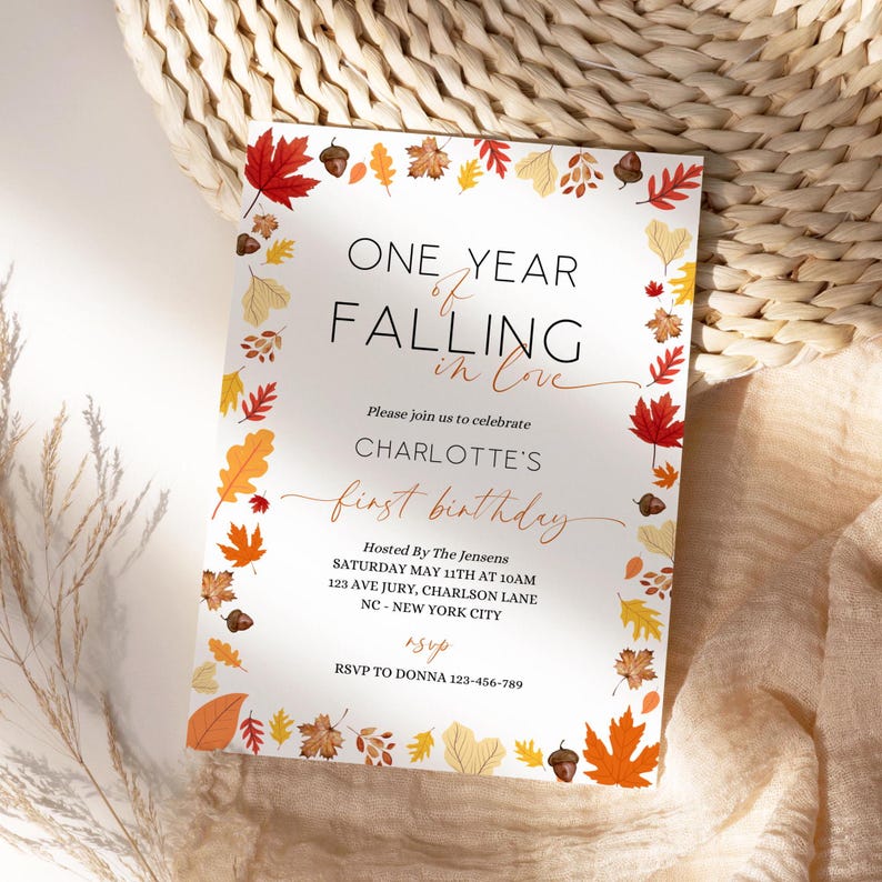 Fall One Year Birthday Invitation, Editable Autumn First Birthday ...