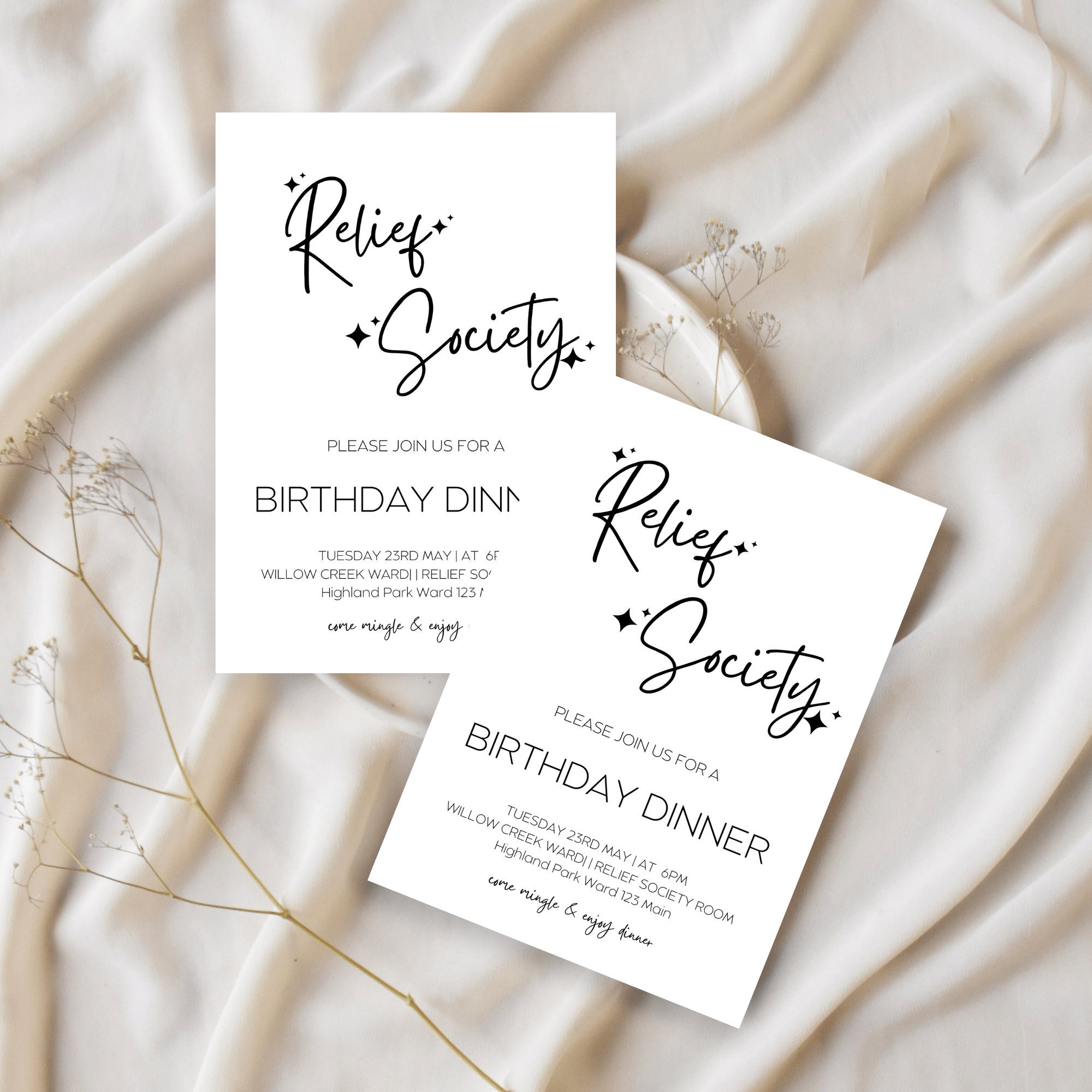 Relief Society Birthday Dinner Invitation Template - Minimalistic ...