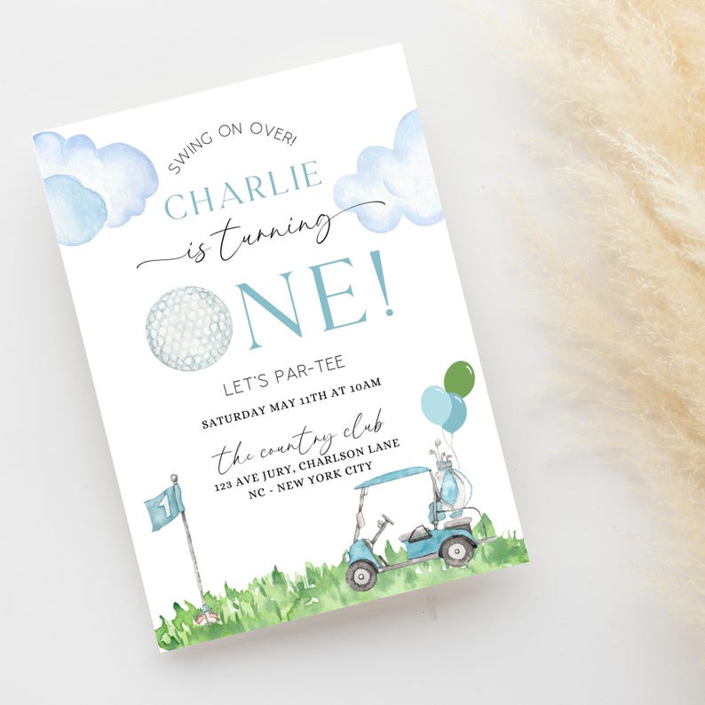 Golf 1st Birthday Party Invitation Template, Golf Birthday, Hole in One ...