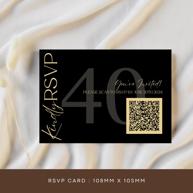 Black and Gold Themed 40th Birthday Invitation Set With QR Code Scan ...