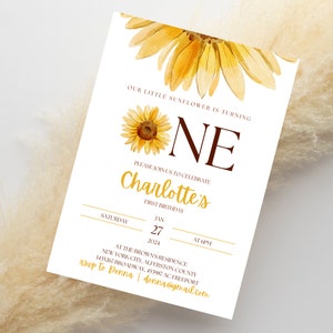 Sunflower First Birthday Invitation Template - Editable Floral Invite ...