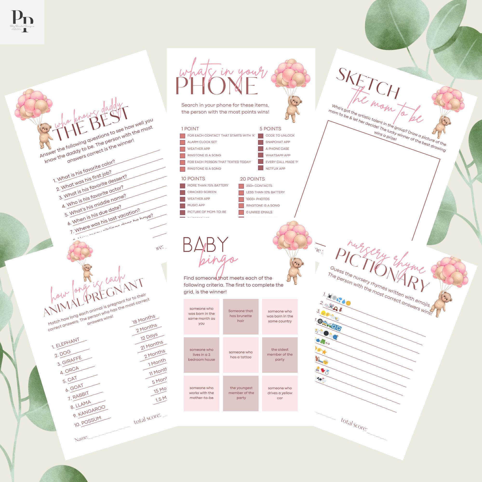 Pink Bear Baby Shower Games Bundle 28 Canva Templates Instant Download ...