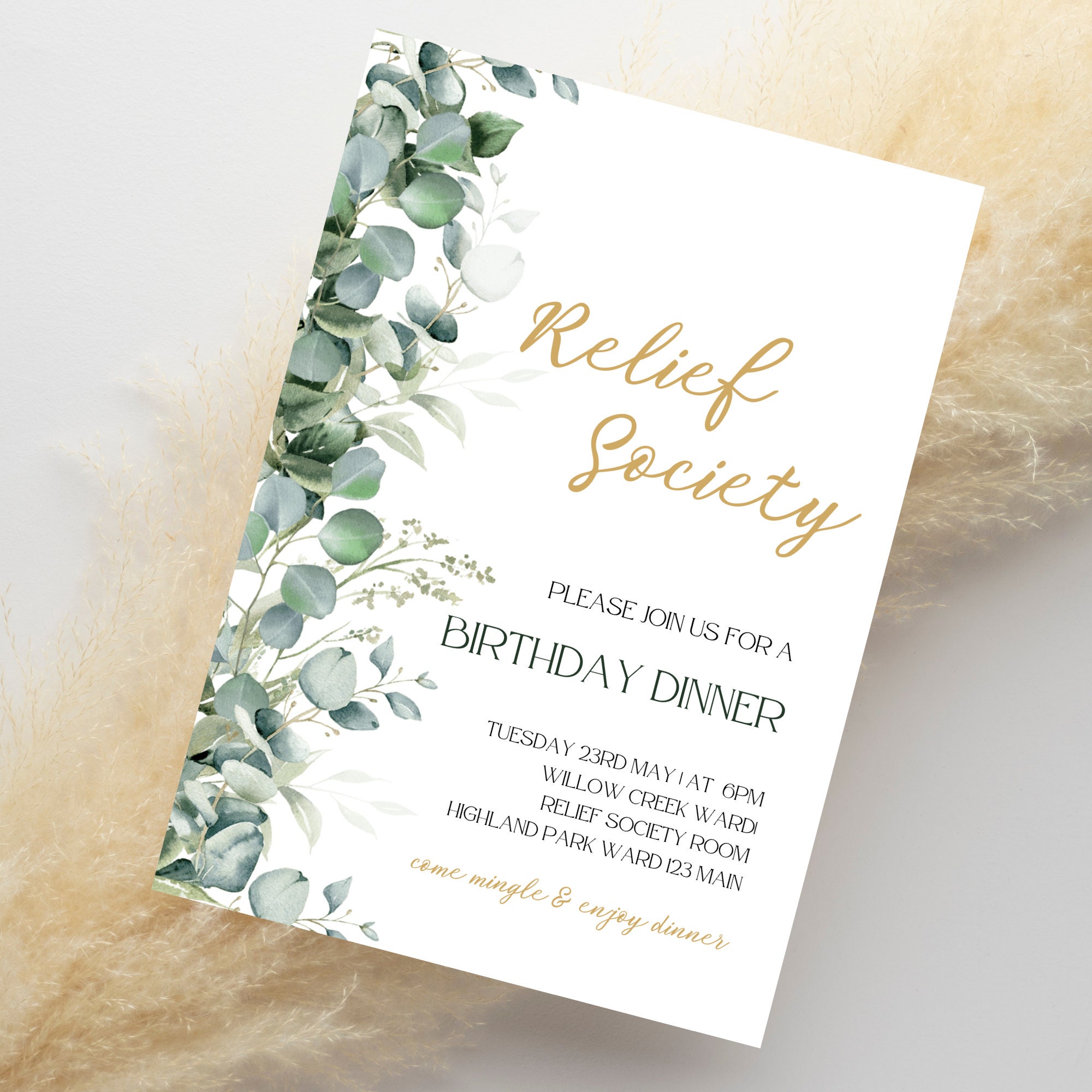 Relief Society Birthday Dinner Invitation Template - Greenery Minimal ...