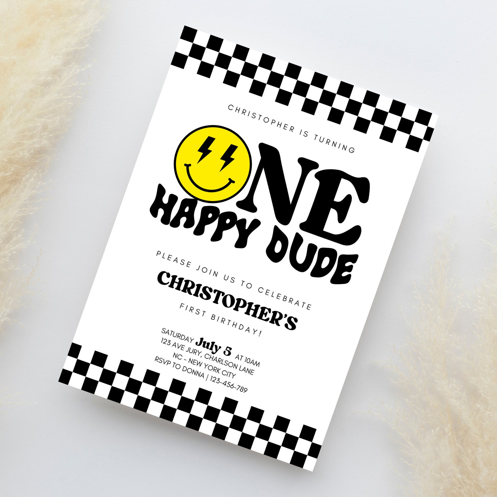 One Happy Dude First Birthday Invitation - Happy Dude Invite, Smiley ...