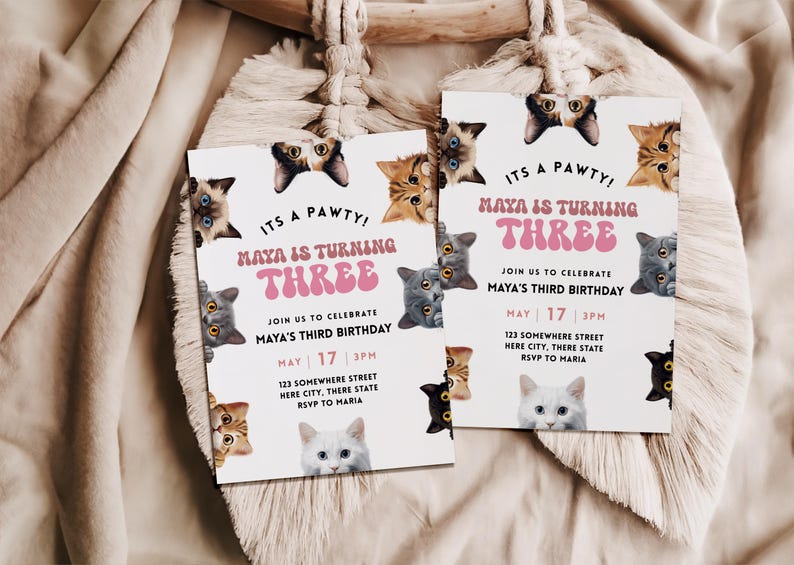 Cat Themed Birthday Invitation, Editable Template, Cat Birthday Invite ...