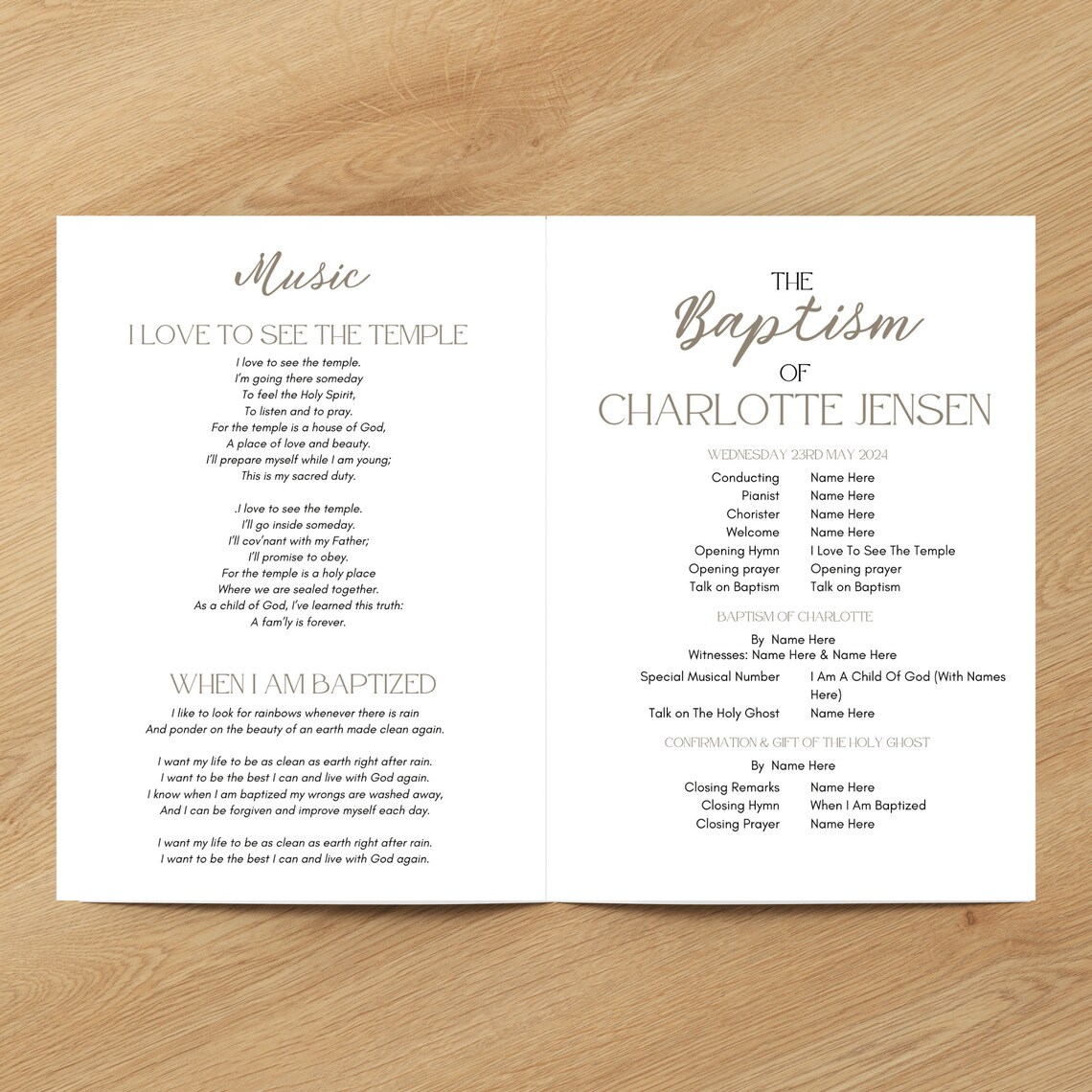 LDS Baptism Program Editable Template Minimalistic Editable Template ...