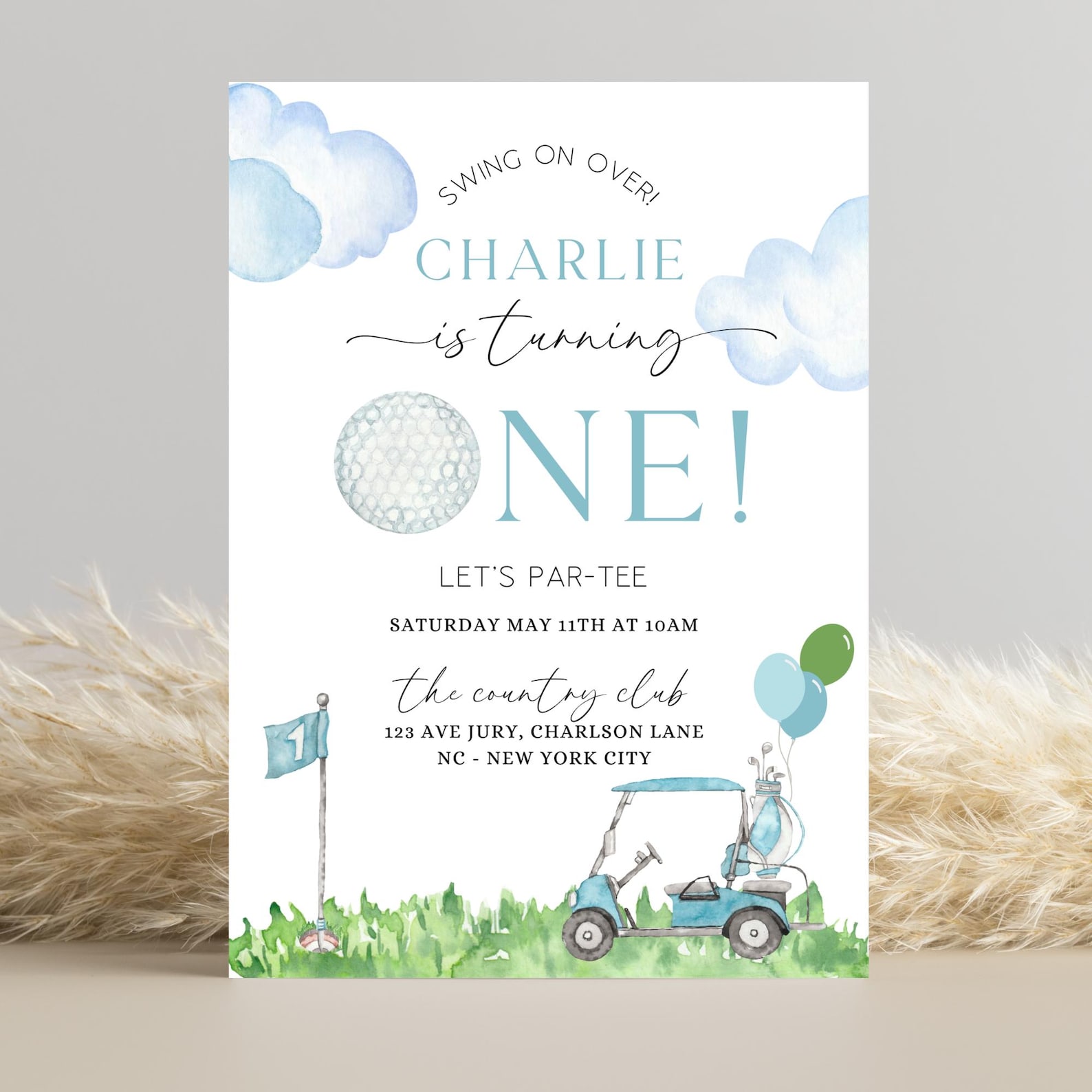 Golf 1st Birthday Party Invitation Template, Golf Birthday, Hole in One ...