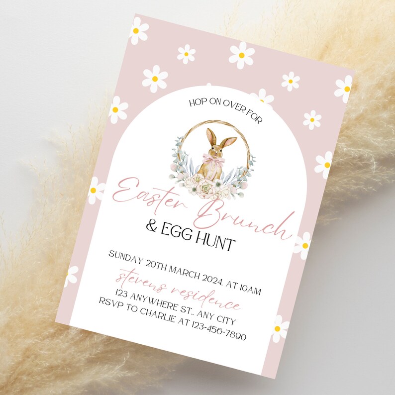 Daisies Blush Pink Easter Brunch Invitation Daisy Pink Rabbit Boho ...