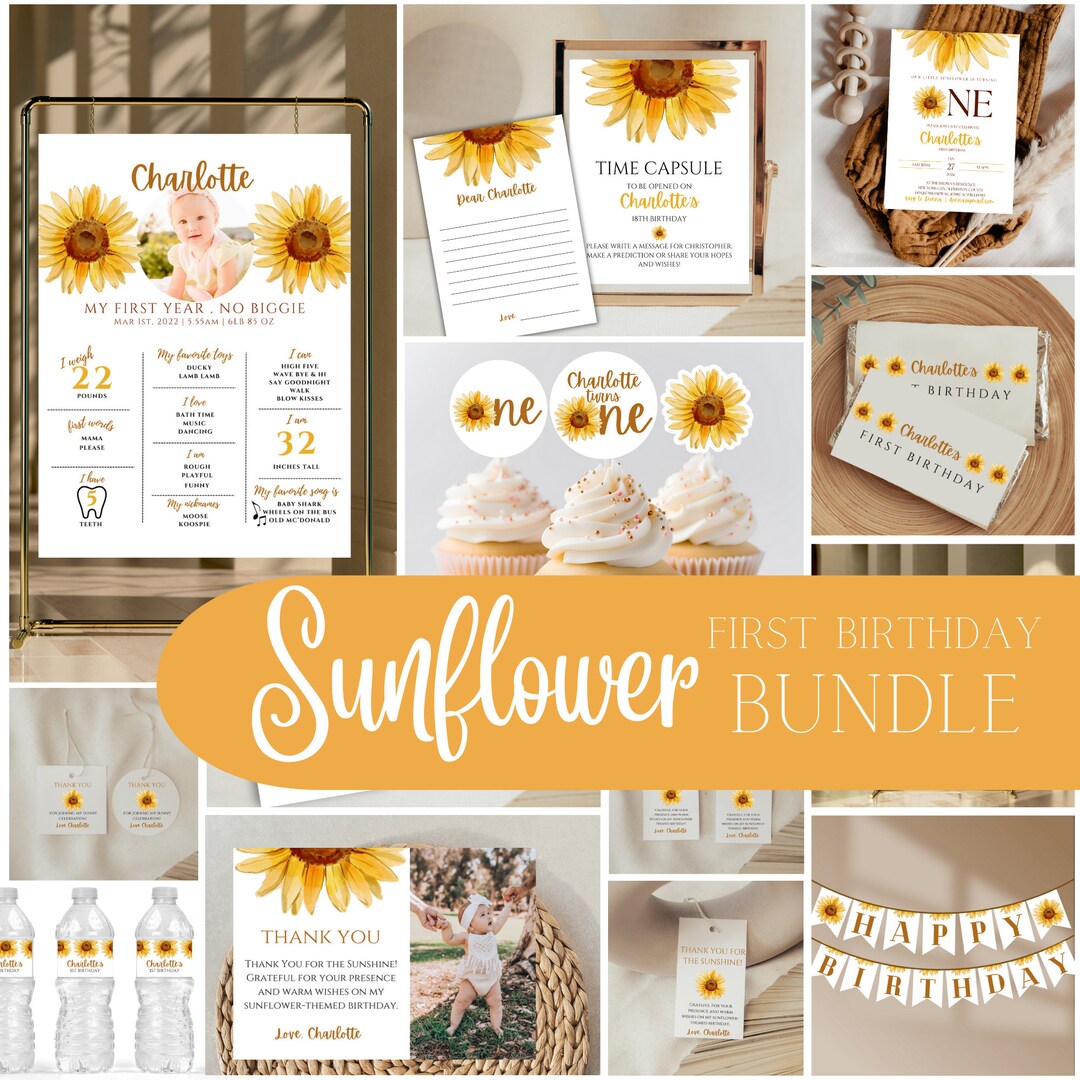 Sunflower First Birthday Bundle - Sunflower Themed Printable Party ...