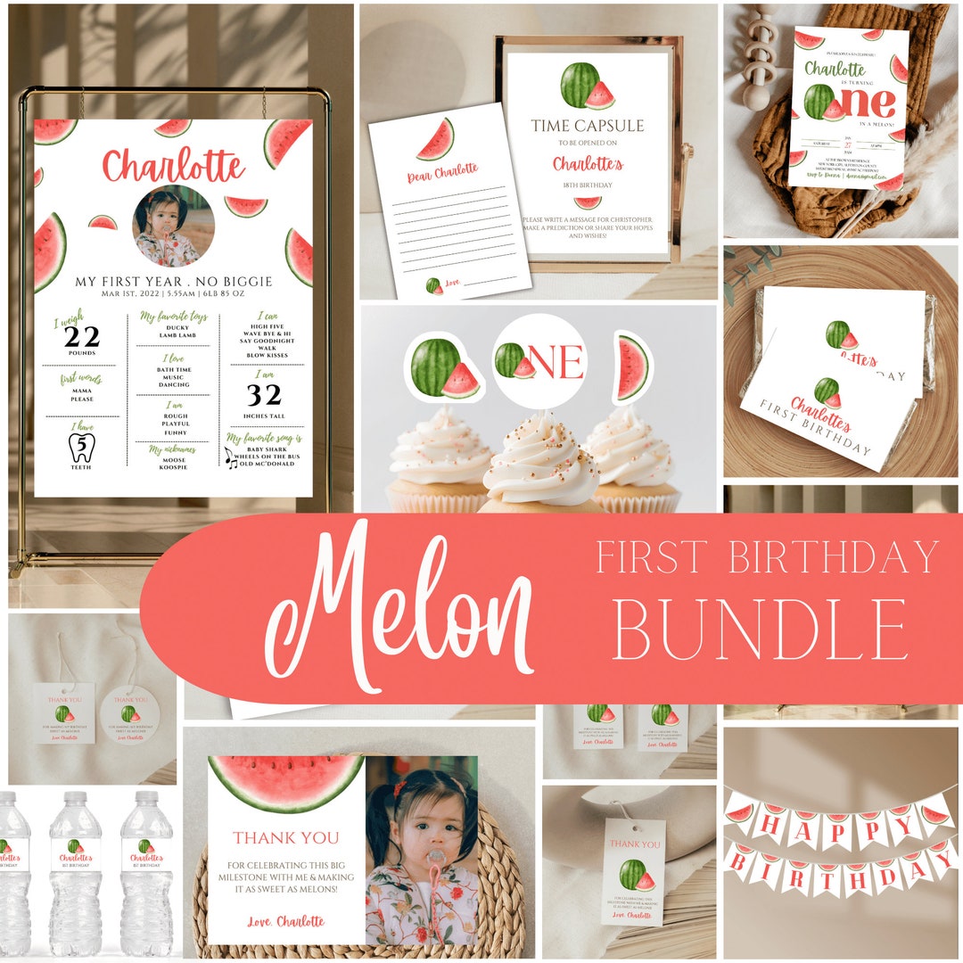 One in a Melon First Birthday Bundle - Editable Canva Templates Melon ...