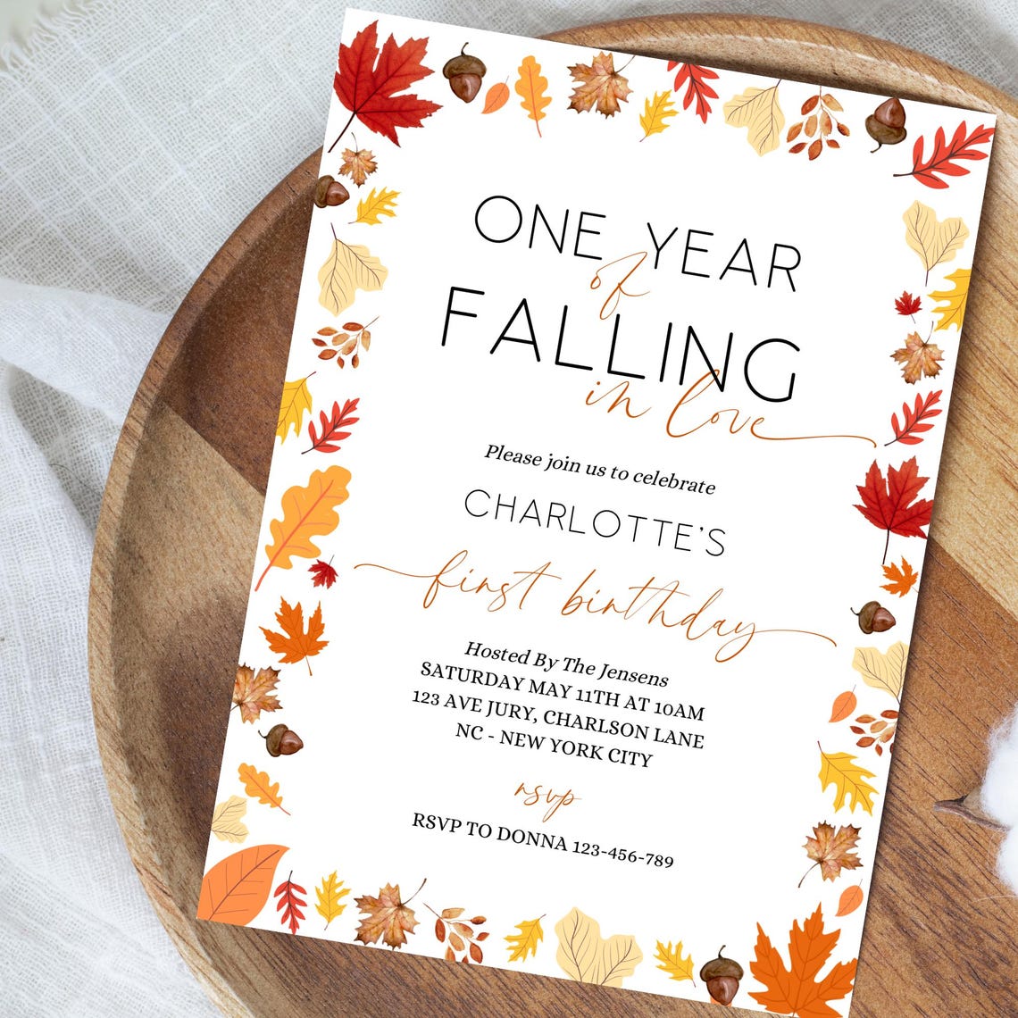 Fall One Year Birthday Invitation, Editable Autumn First Birthday ...