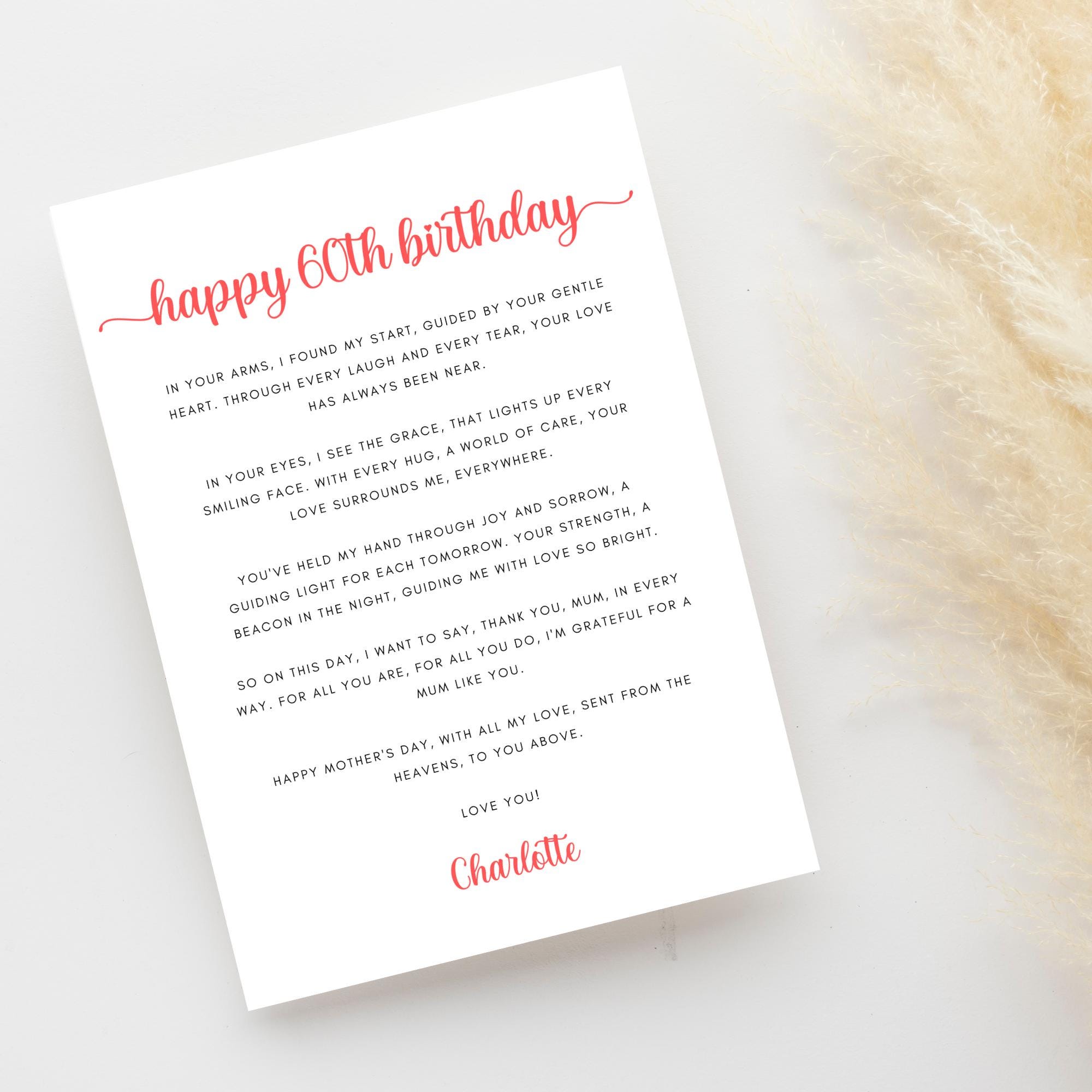 Happy 60th Birthday Minimalistic Card Letter Poem Template, Mother ...