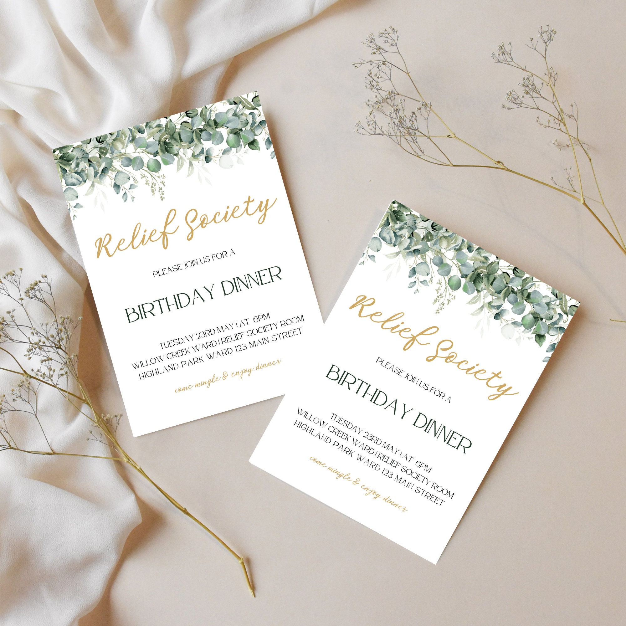 Relief Society Birthday Dinner Invitation Template - Greenery Minimal ...