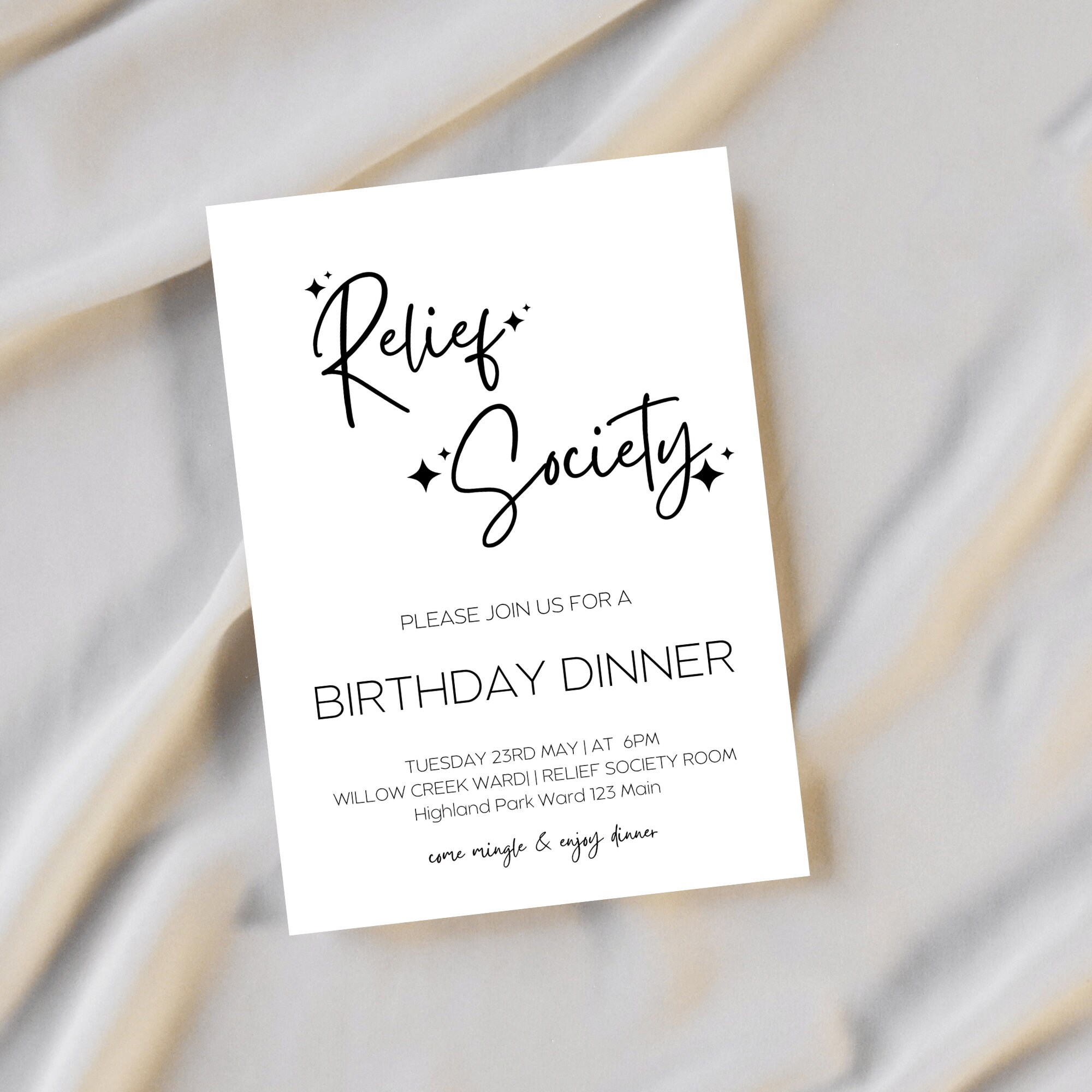 Relief Society Birthday Dinner Invitation Template - Minimalistic ...
