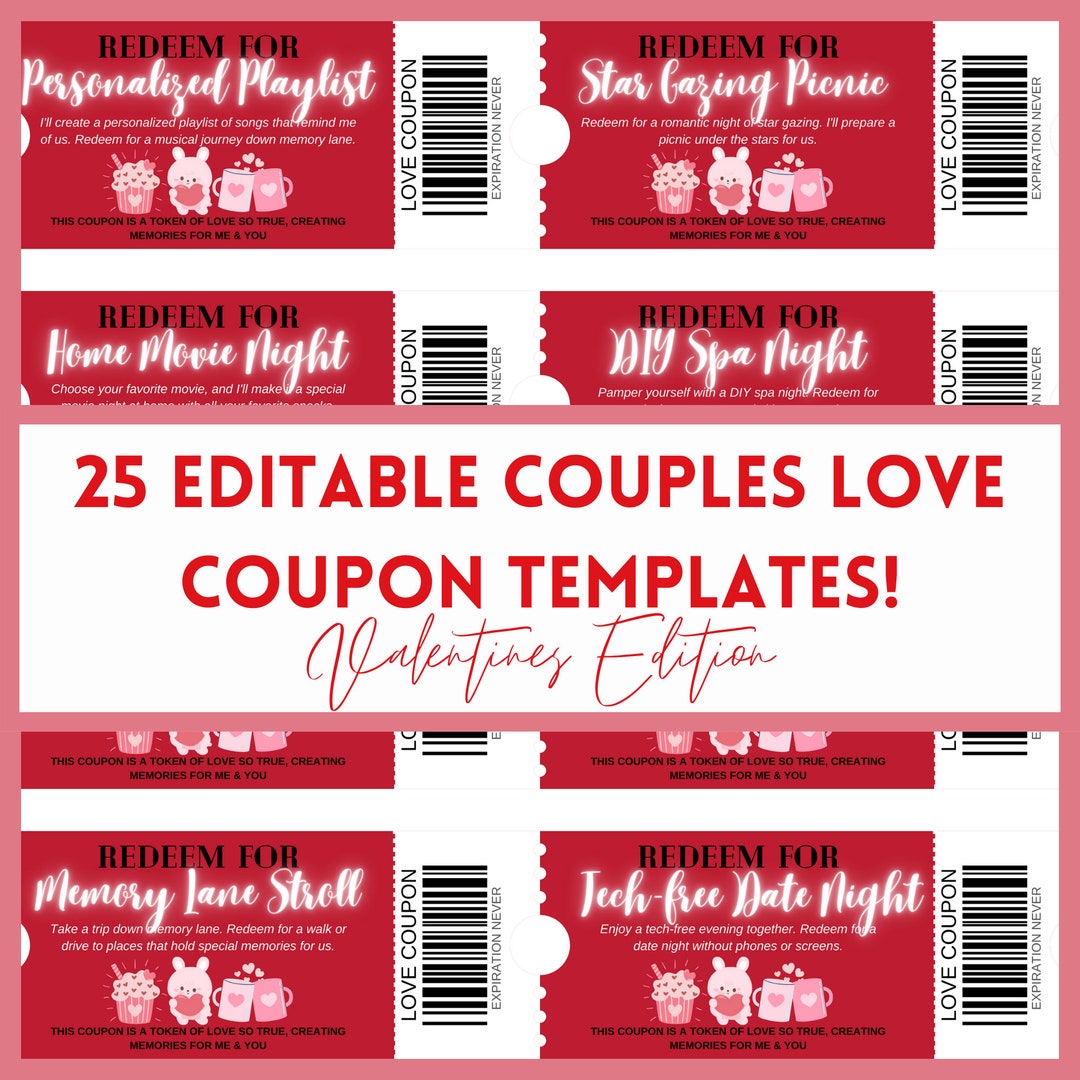 Couples Valentines Love Coupons Template - Editable & Printable, Gift ...