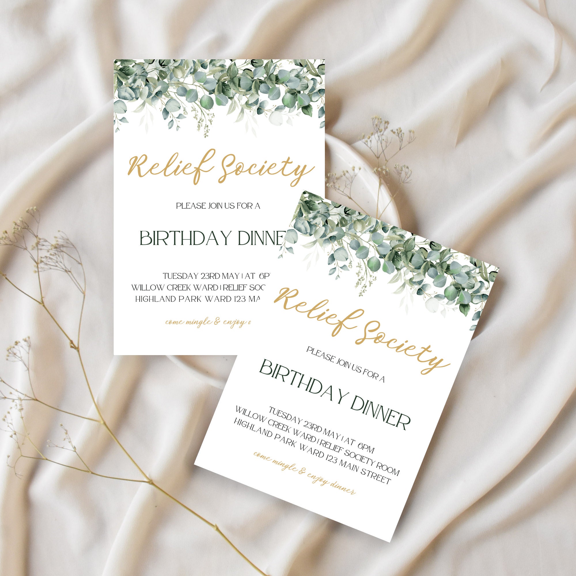 Relief Society Birthday Dinner Invitation Template Greenery Minimal ...