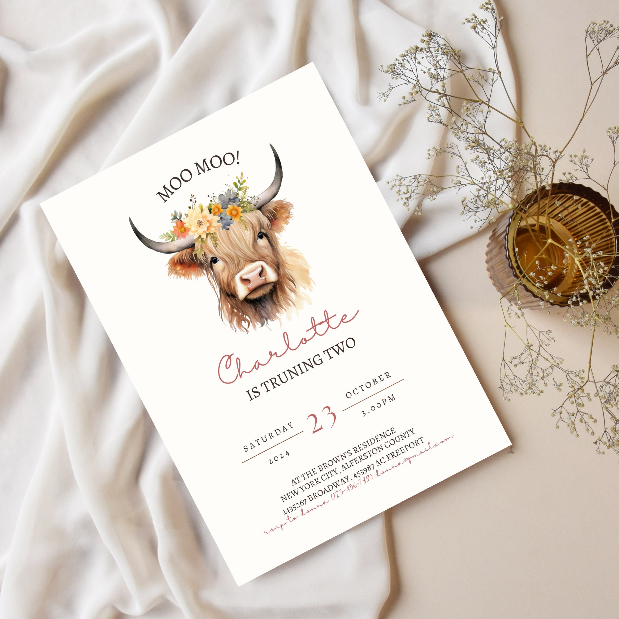 Highland Cow Birthday Invitation Template - Cow Themed Invitation ...