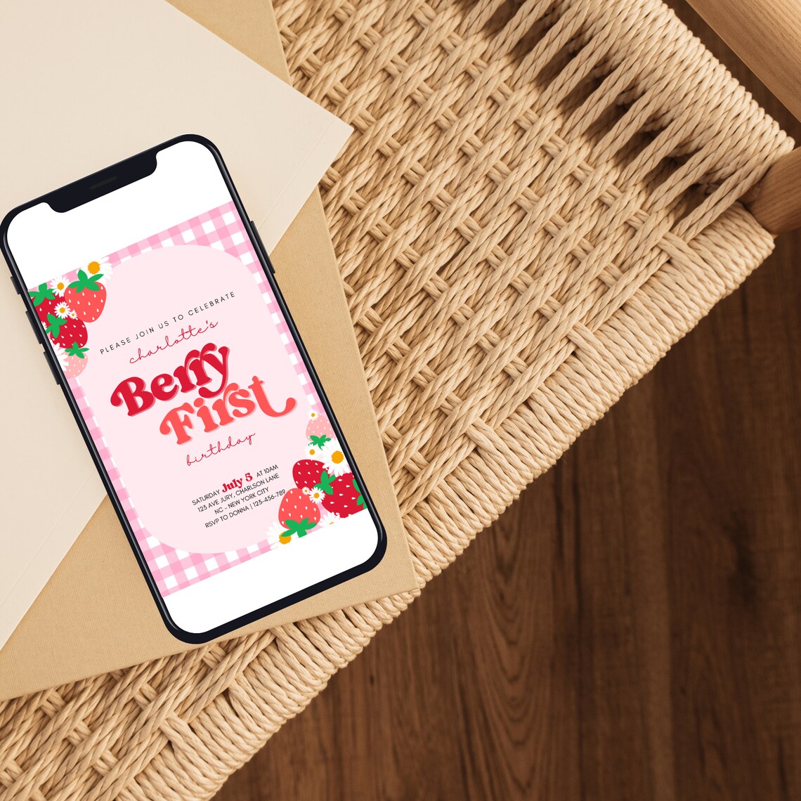 Berry First Birthday Invitation Template, Berry First Gingham Birthday ...