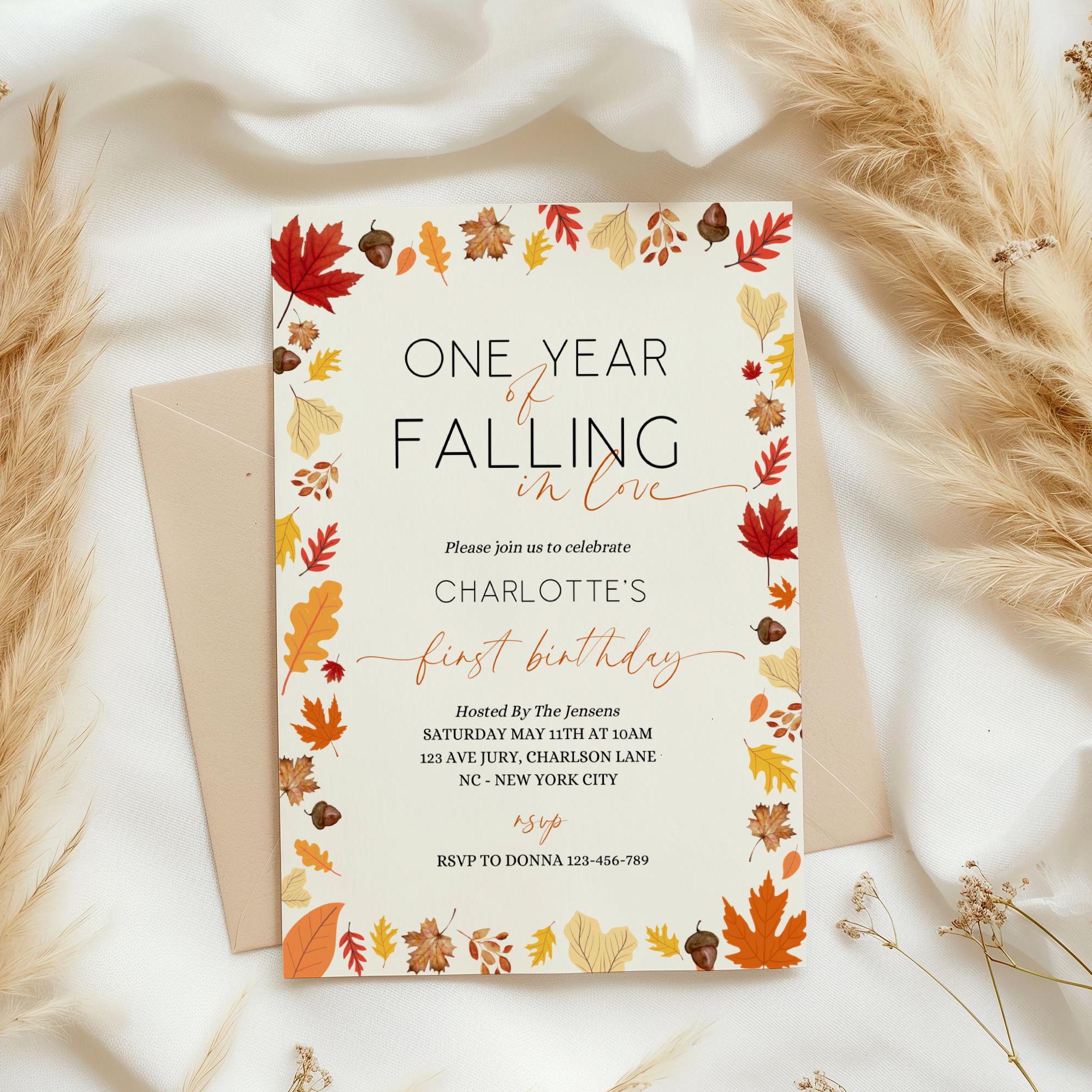 Fall One Year Birthday Invitation, Editable Autumn First Birthday ...