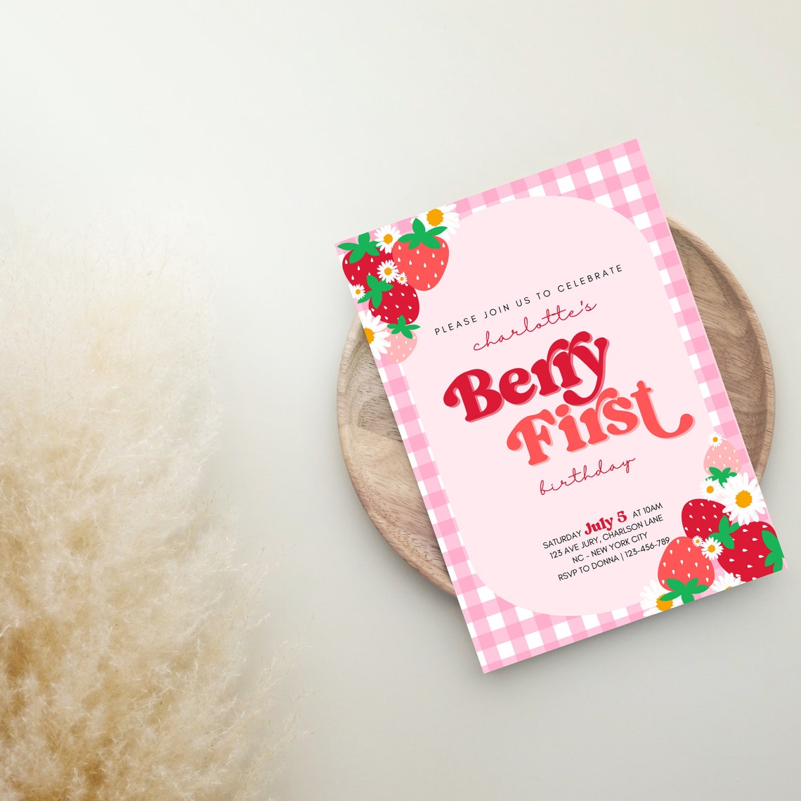 Berry First Birthday Invitation Template, Berry First Gingham Birthday ...