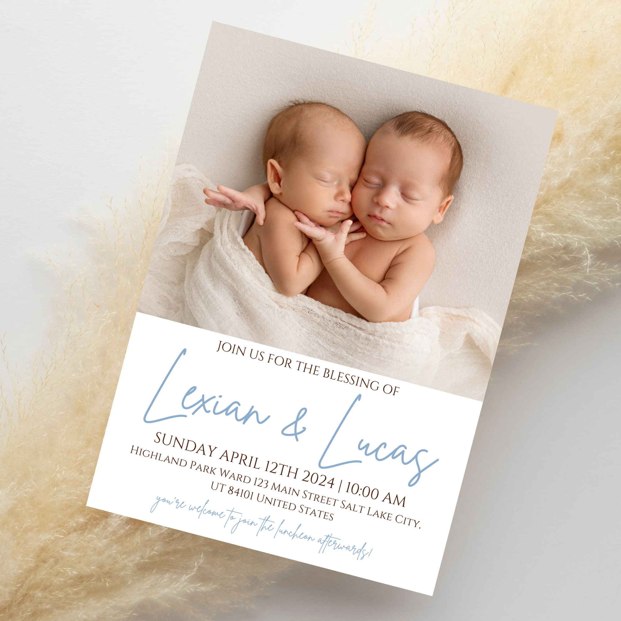 LDS Twin Baby Blessing Invitation | Minimal Christening Invite Template ...