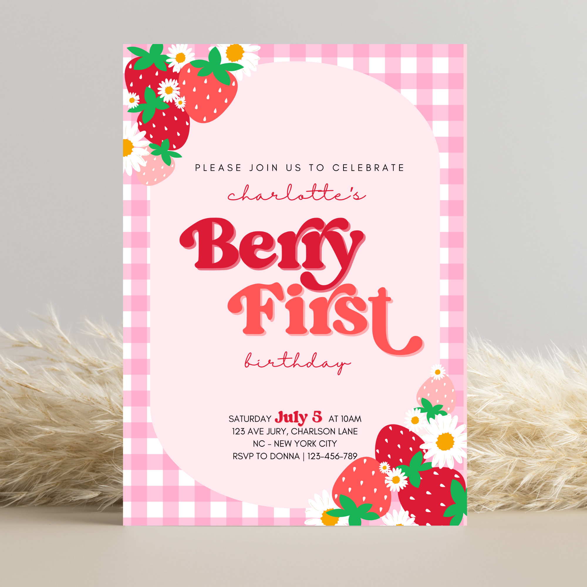 Berry First Birthday Invitation Template, Berry First Gingham Birthday ...