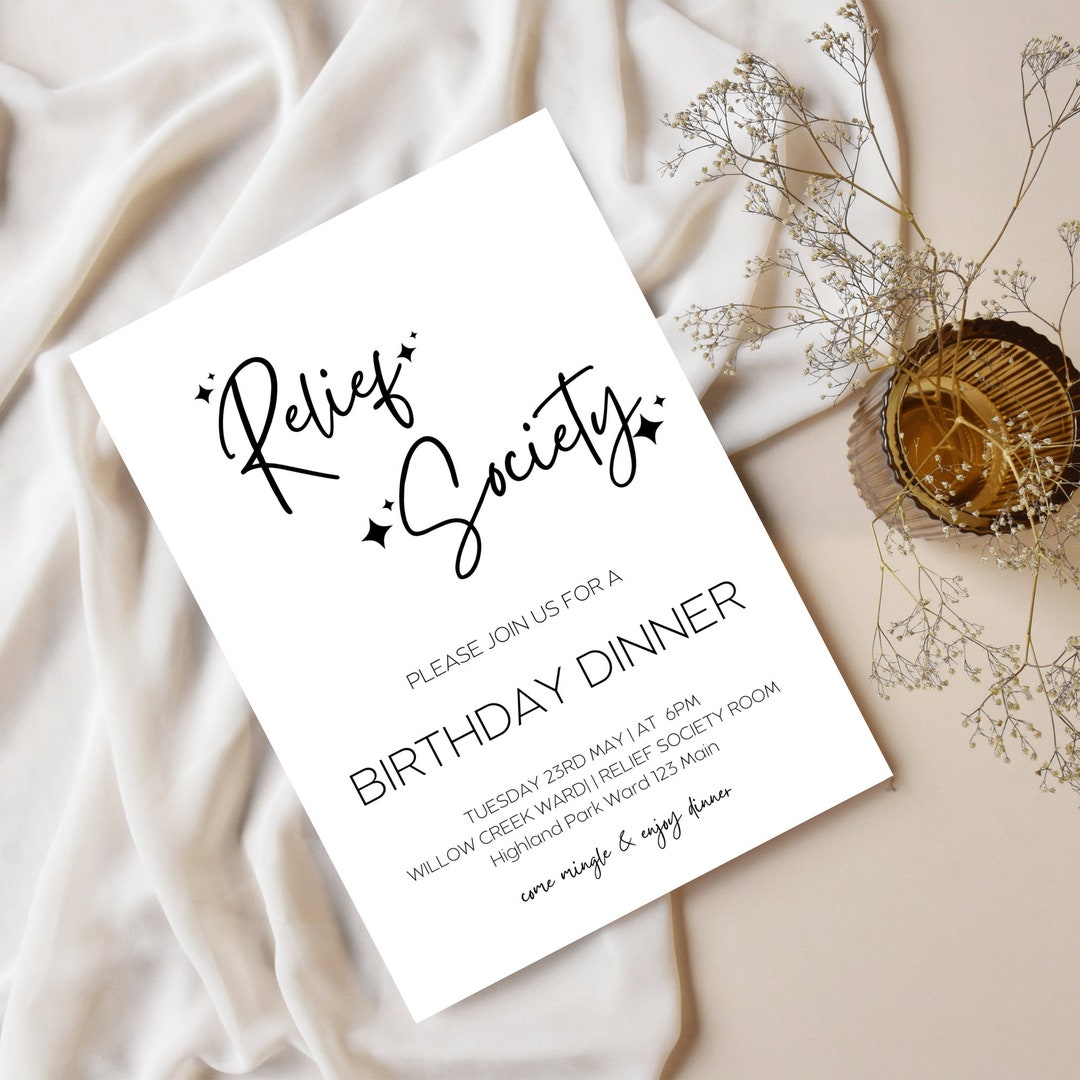 Relief Society Birthday Dinner Invitation Template - Minimalistic ...