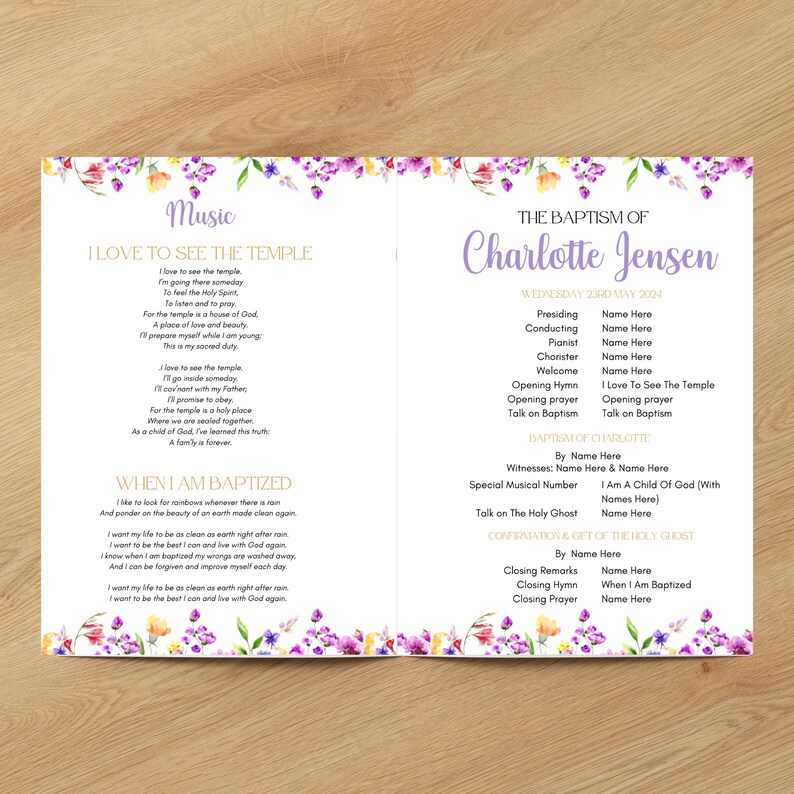 LDS Baptism Program Editable Template Minimalistic Editable Template ...