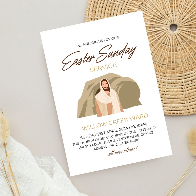 LDS Easter Sunday Service Invitation Template Minimalistic, He is Risen Invite Template Editable ...