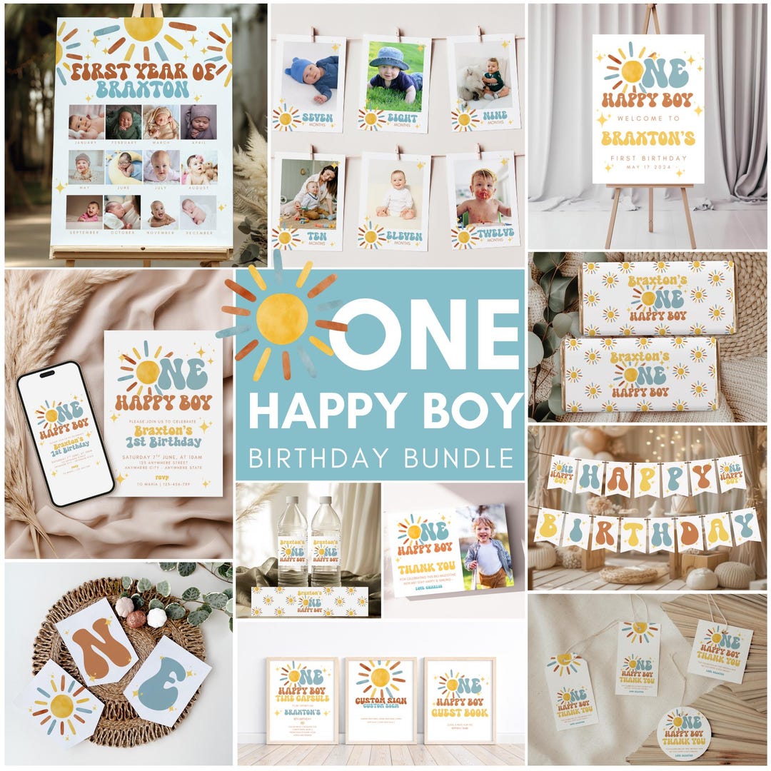 One Happy Boy Birthday Bundle, 1st Birthday Invitation Boy, First ...