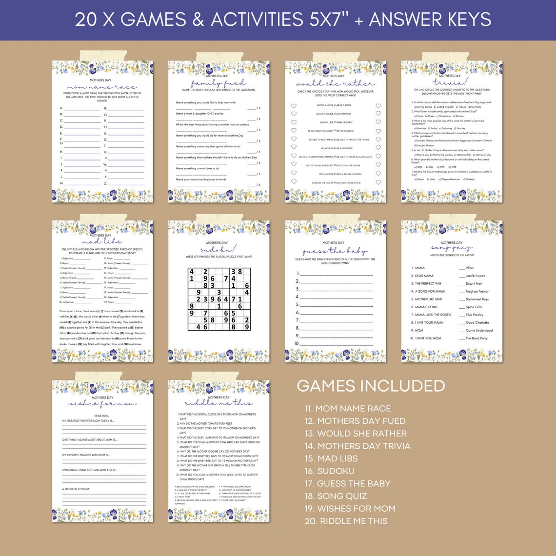 Wildflower Velvet Mother's Day Bundle - Printable Decorations, Games ...