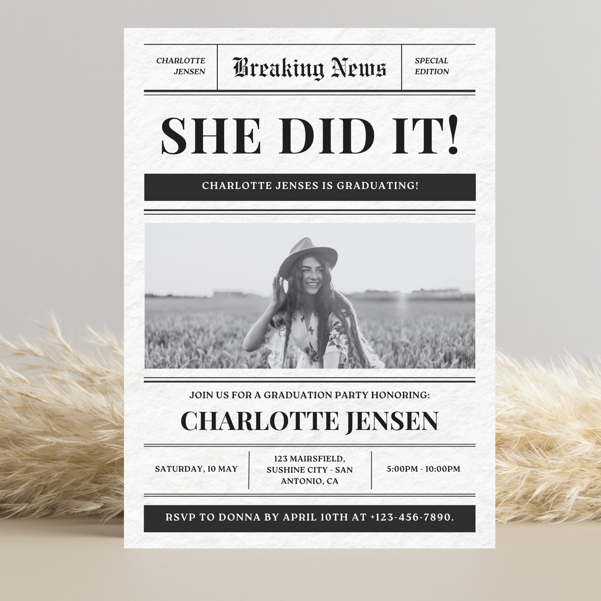 Newspaper Graduation Party Invitation Senior Announcement, Grad ...