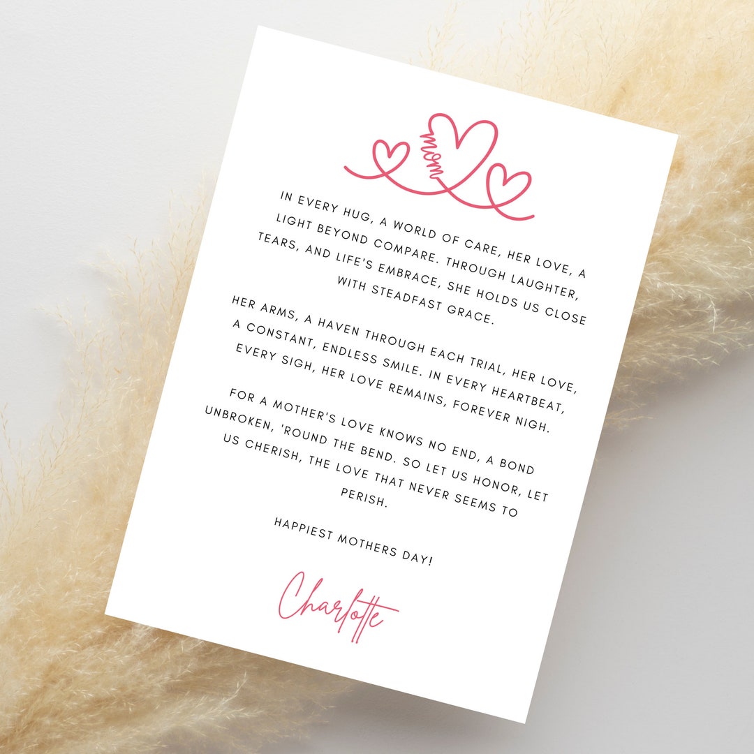 Mother's Day Minimalistic Card Letter Poem Template, Mother-daughter ...