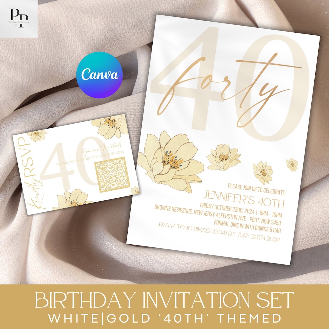 Elegant White and Gold 40th Birthday Invitation & RSVP Card Template ...