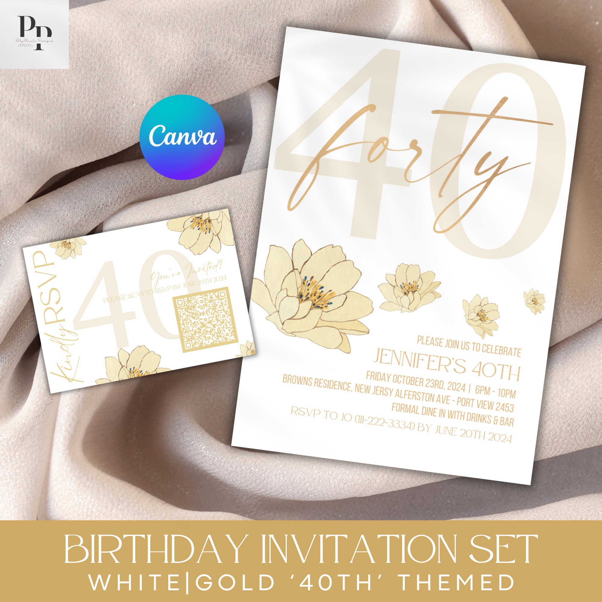 Elegant White and Gold 40th Birthday Invitation & RSVP Card Template ...