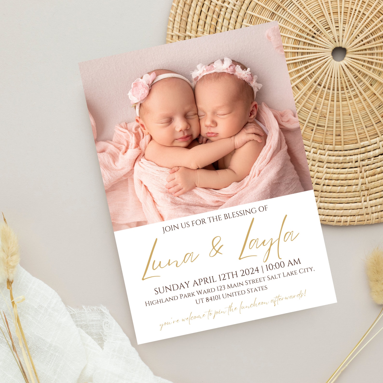 LDS Twin Baby Blessing Invitation | Minimal Christening Invite Template ...