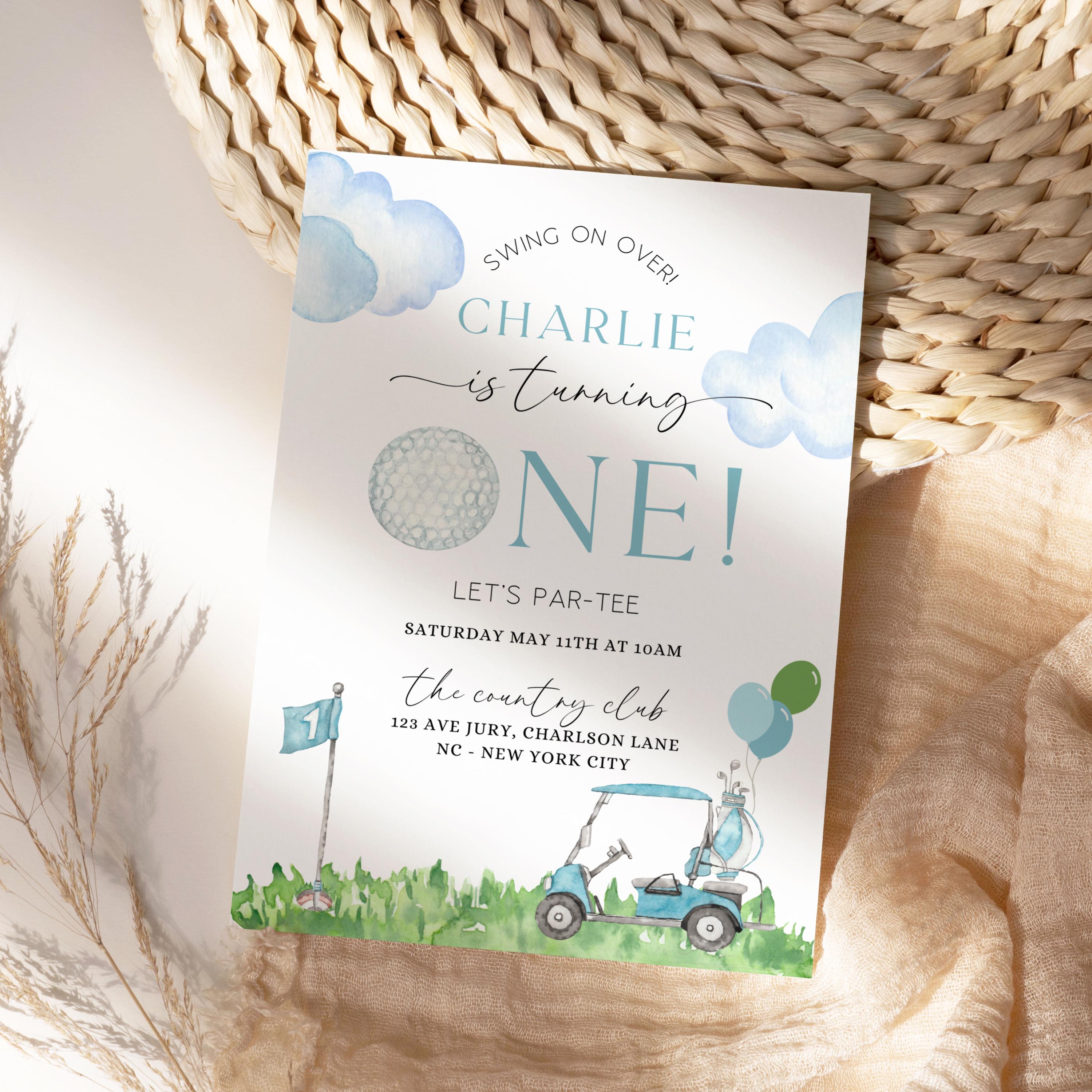 Golf 1st Birthday Party Invitation Template, Golf Birthday, Hole in One ...