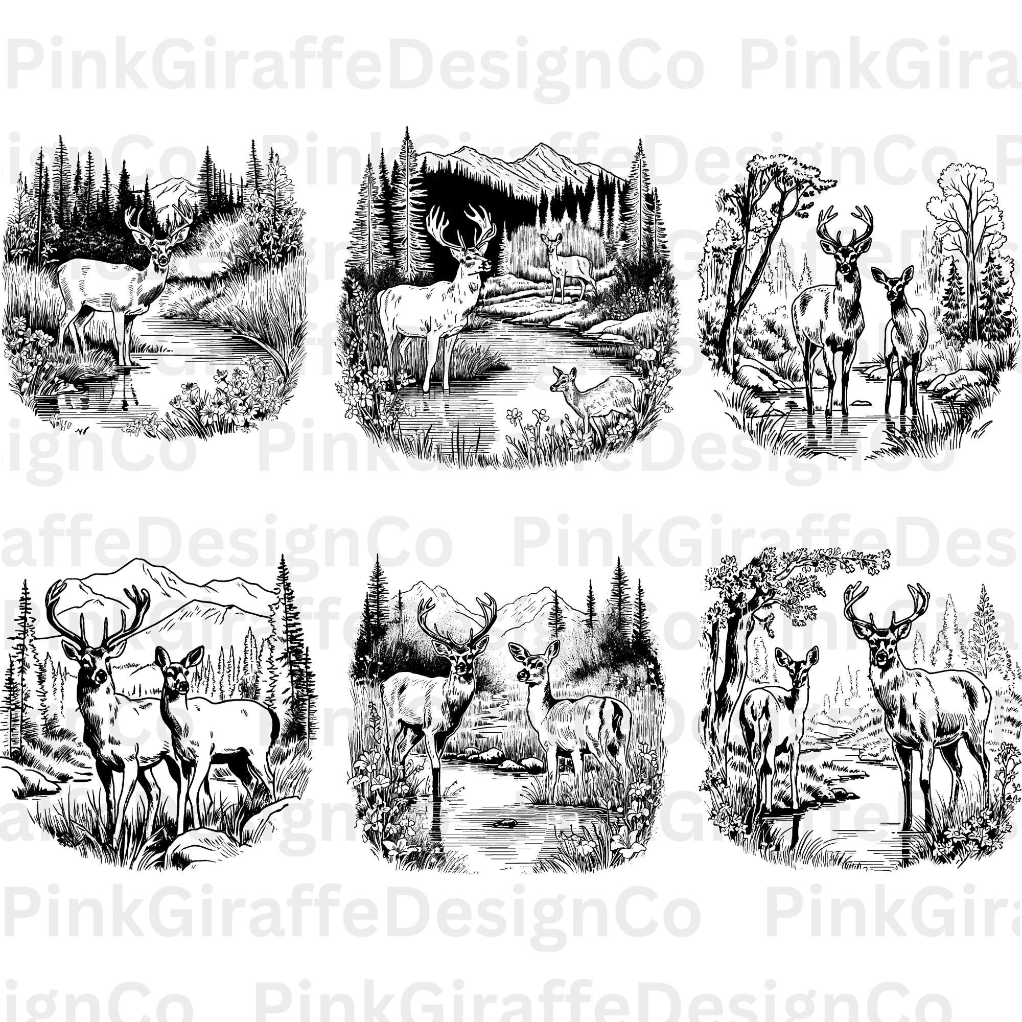 Deer Wilderness Scene SVG Bundle, Buck and Doe PNG Files, Wildlife Line ...