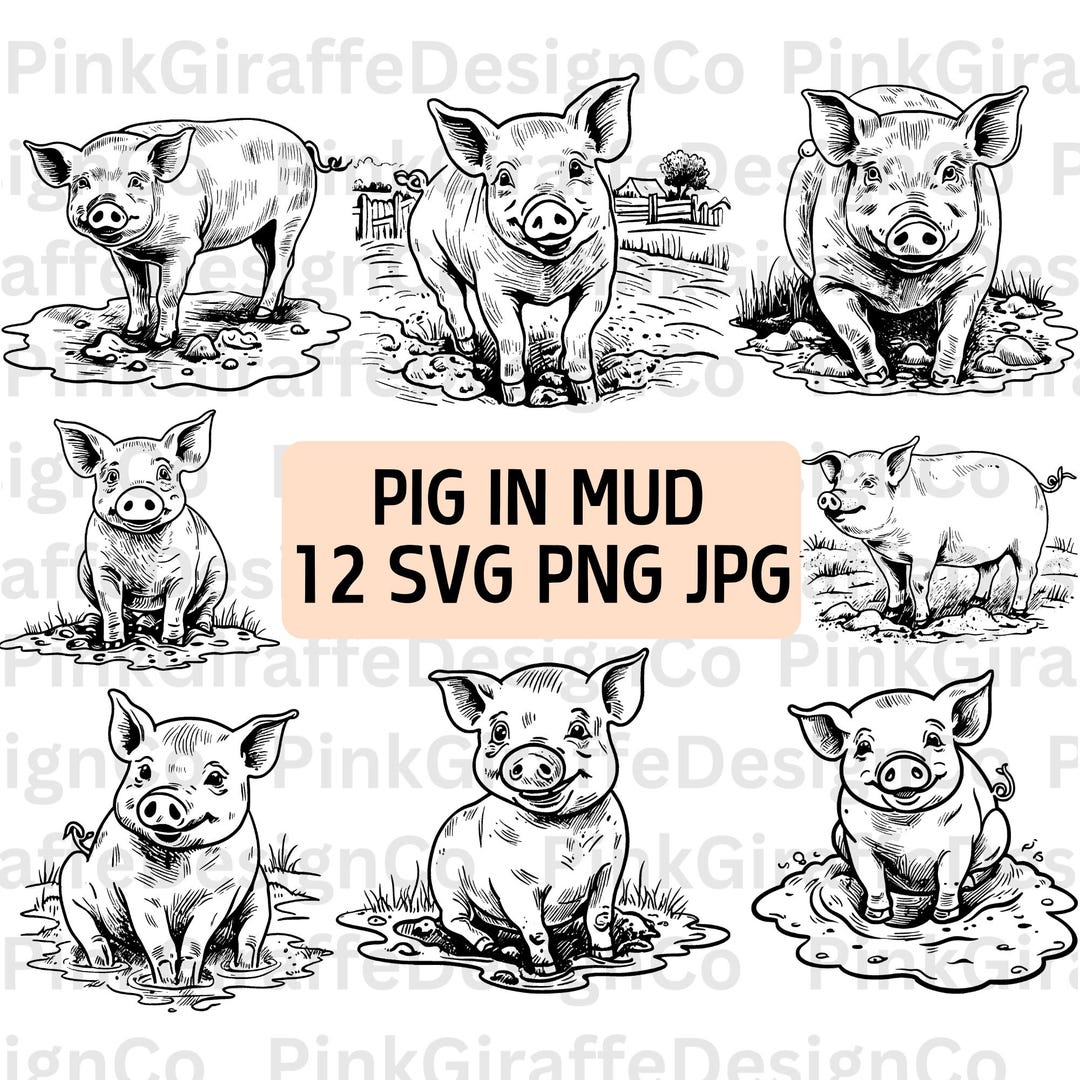 Pig in Mud SVG Bundle, Pig PNG File, Farm Animal Clip Art, Hog ...