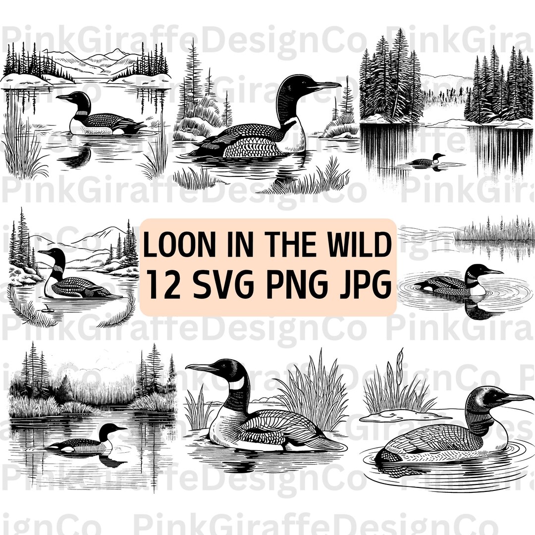 Loon Wildlife Scene SVG Bundle, Loon Bird Sketch PNG File, Animal Line ...