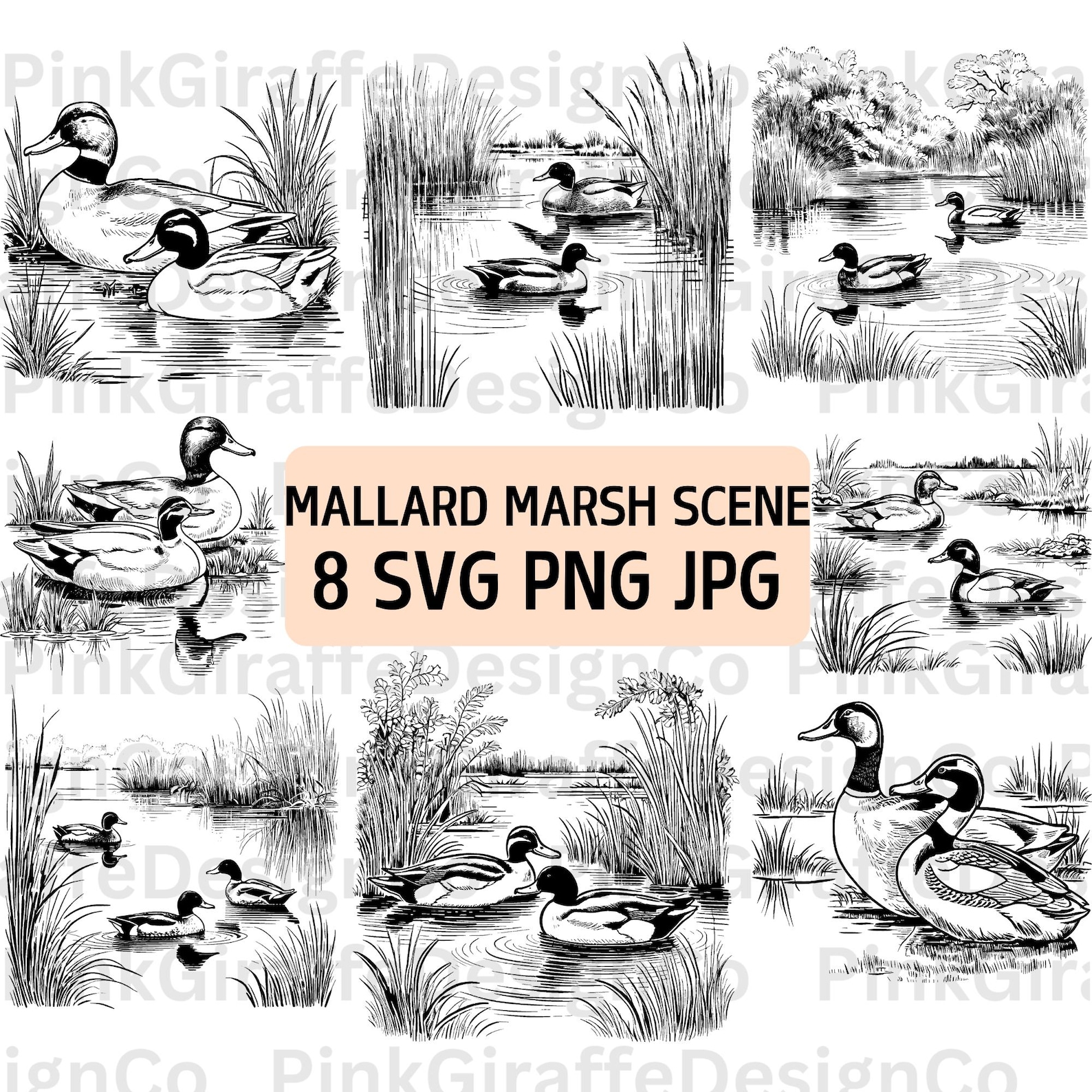 Mallard Marsh Scene SVG Bundle, Mallard Duck Sketch PNG, Animal Clip ...