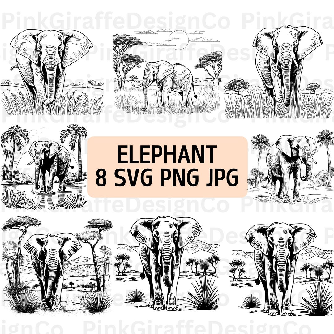 Elephant Wilderness Scene: Safari Animal Graphics (SVG, PNG, JPG) - Etsy