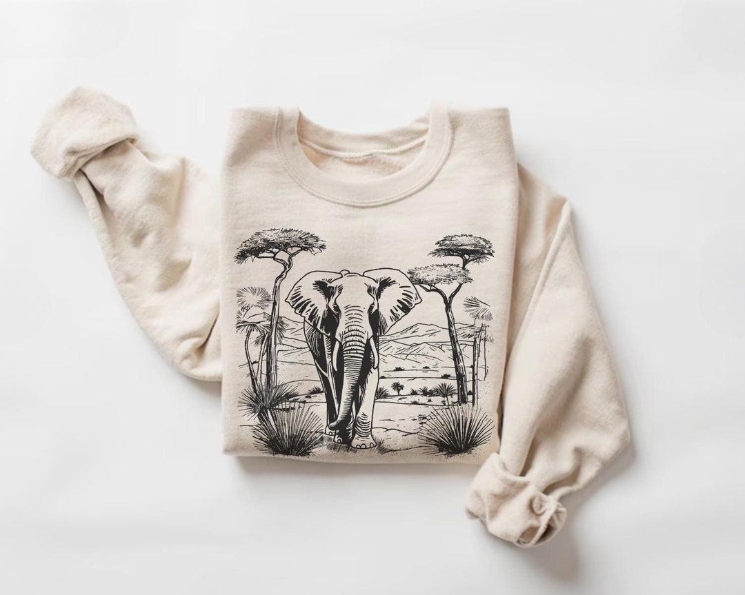 Elephant Sweatshirt, African Landscape Graphic Sweater, Wildlife Safari ...