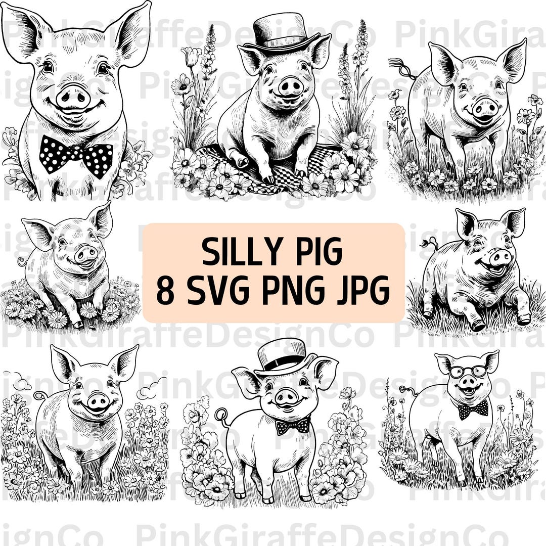 Pig SVG Bundle, Funny Pig PNG, Farm Animal Clip Art, Floral Drawing ...