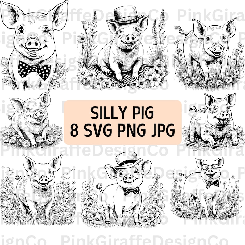 Pig SVG Bundle, Funny Pig PNG, Farm Animal Clip Art, Floral Drawing ...