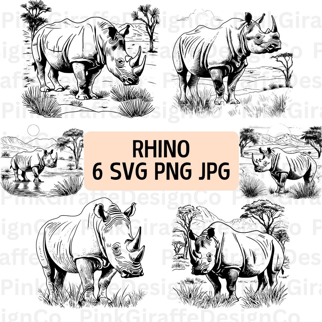 Rhino Wilderness Scene SVG File, Safari Animal PNG Bundle, Rhinoceros ...