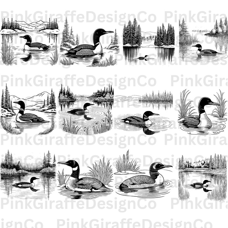 Loon Wildlife Scene SVG Bundle, Loon Bird Sketch PNG File, Animal Line ...